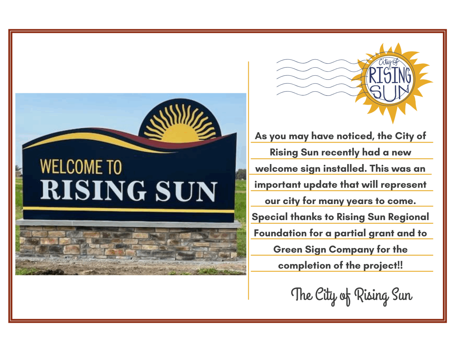 NEW WELCOME SIGN – City of Rising Sun